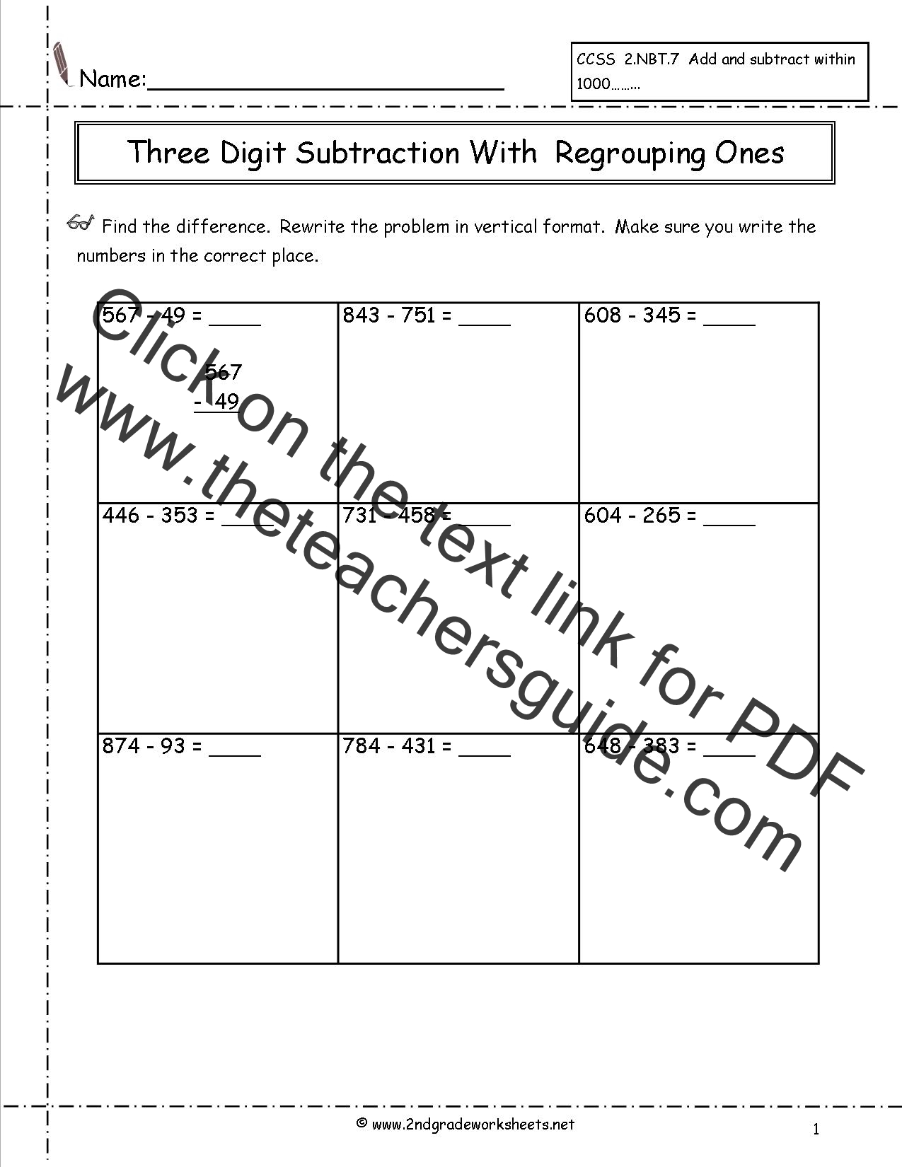 Three Digit Subtraction Worksheets